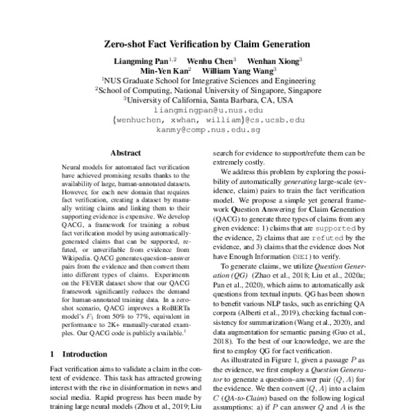 Zero-shot Fact Verification by Claim Generation - ACL Anthology