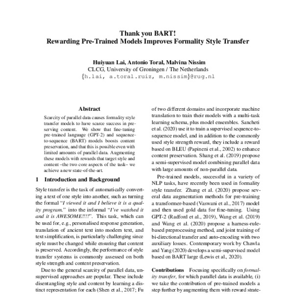 Thank you BART! Rewarding Pre-Trained Models Improves Formality Style Transfer - ACL Anthology