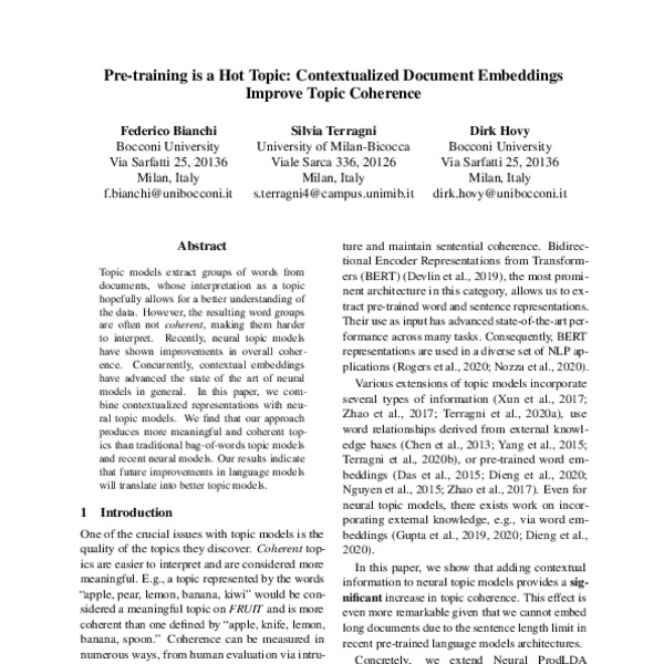 Pre-training is a Hot Topic: Contextualized Document Embeddings Improve Topic Coherence - ACL ...