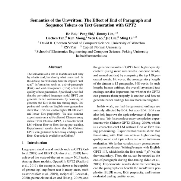 Semantics of the Unwritten: The Effect of End of Paragraph and Sequence Tokens on Text ...