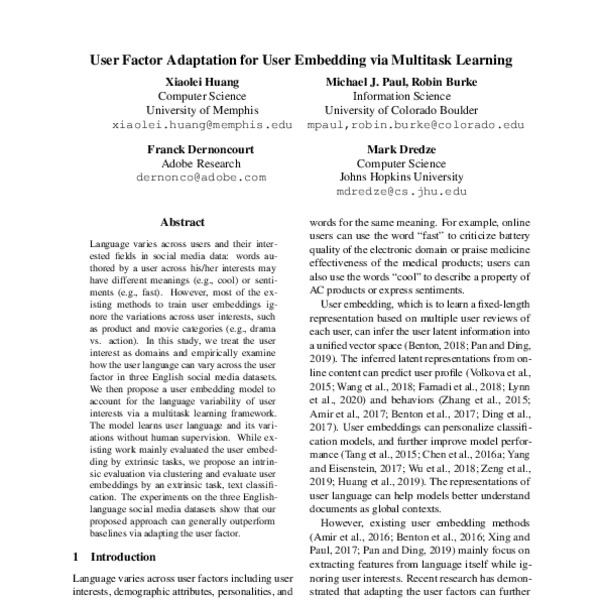 User Factor Adaptation for User Embedding via Multitask Learning - ACL Anthology