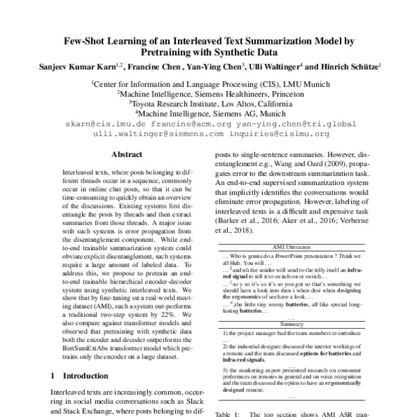 Few Shot Learning Of An Interleaved Text Summarization Model By Pretraining With Synthetic Data