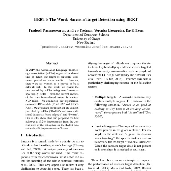 BERT’s The Word : Sarcasm Target Detection using BERT - ACL Anthology