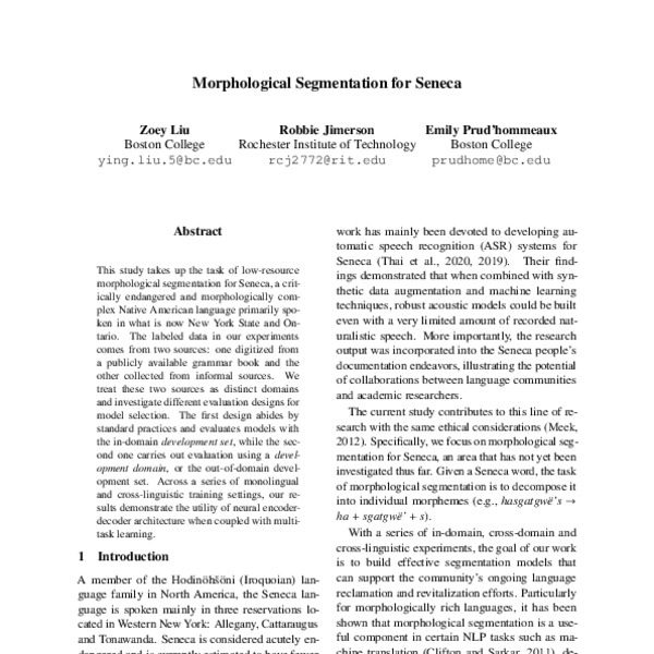 Morphological Segmentation for Seneca - ACL Anthology