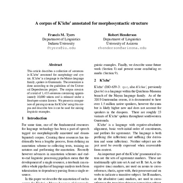 A corpus of K’iche’ annotated for morphosyntactic structure - ACL Anthology