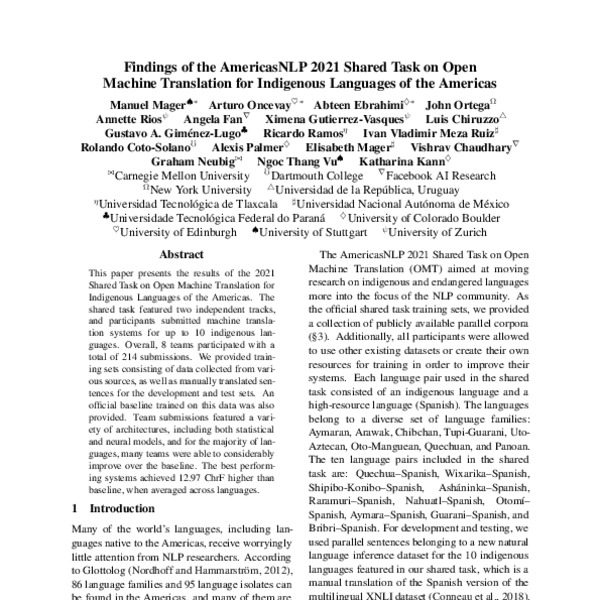 Findings of the AmericasNLP 2021 Shared Task on Open Machine Translation for Indigenous ...