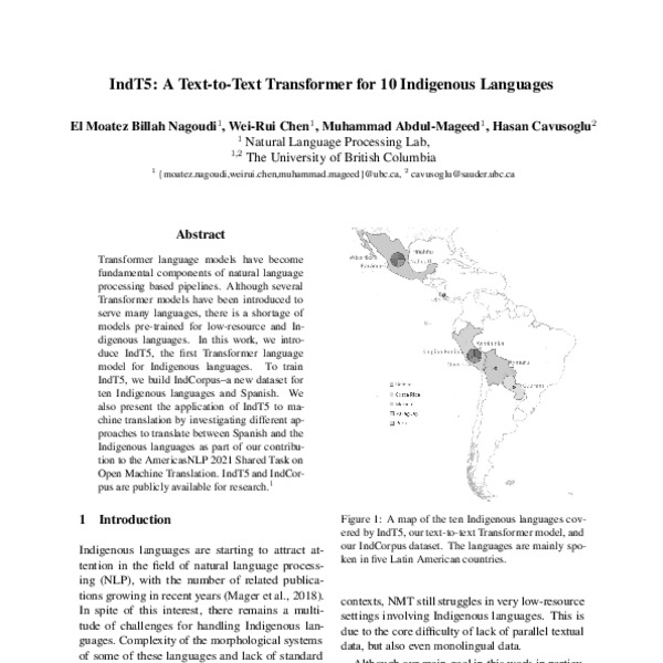 IndT5: A Text-to-Text Transformer for 10 Indigenous Languages - ACL ...