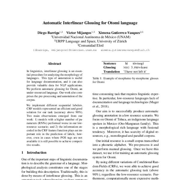 Automatic Interlinear Glossing for Otomi language - ACL Anthology