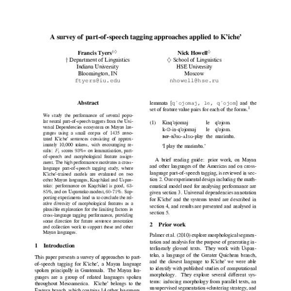 A survey of part-of-speech tagging approaches applied to K’iche’ - ACL ...
