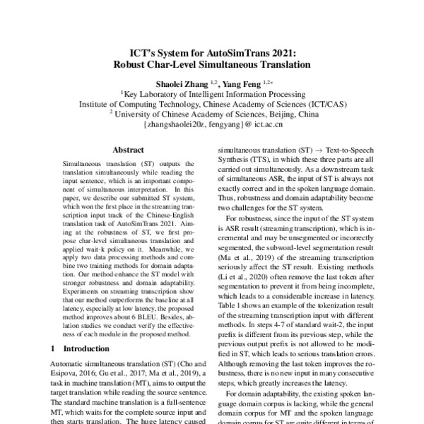 ICT’s System for AutoSimTrans 2021: Robust Char-Level Simultaneous Translation - ACL Anthology