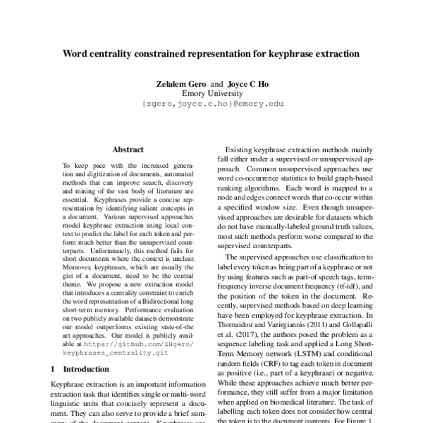 Word centrality constrained representation for keyphrase extraction - ACL Anthology