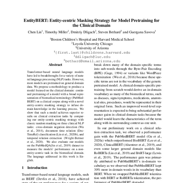 Entitybert Entity Centric Masking Strategy For Model Pretraining For The Clinical Domain Acl