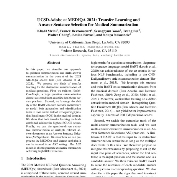 UCSD-Adobe at MEDIQA 2021: Transfer Learning and Answer Sentence Selection for Medical ...