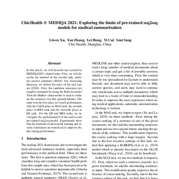 Chichealth Mediqa 2021 Exploring The Limits Of Pre Trained Seq2seq Models For Medical