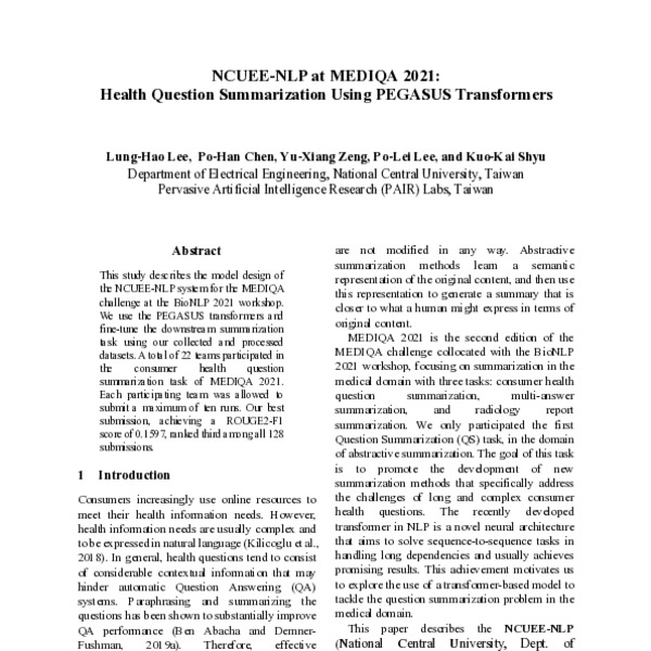 NCUEE-NLP at MEDIQA 2021: Health Question Summarization Using PEGASUS Transformers - ACL Anthology