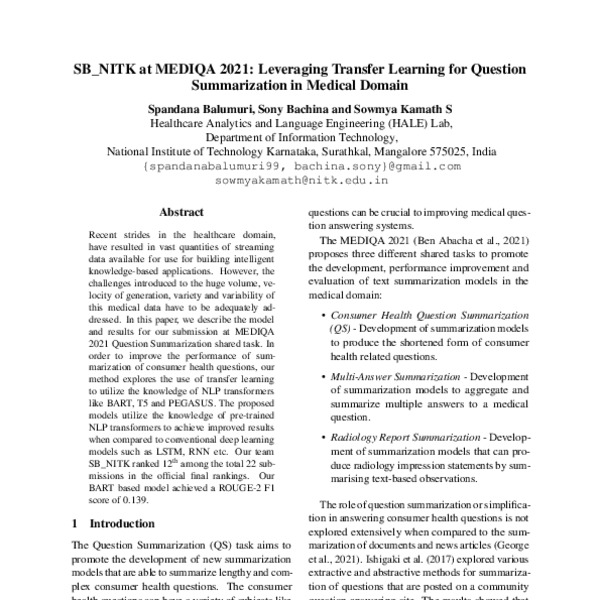 Sbnitk At Mediqa 2021 Leveraging Transfer Learning For Question Summarization In Medical