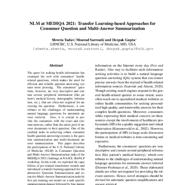 Nlm At Mediqa 2021 Transfer Learning Based Approaches For Consumer Question And Multi Answer