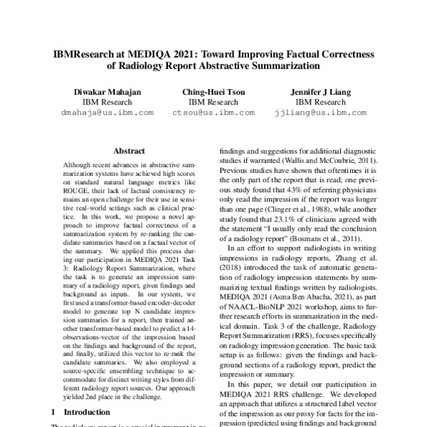 Ibmresearch At Mediqa 2021 Toward Improving Factual Correctness Of