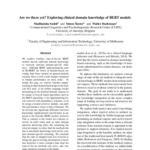 Are we there yet? Exploring clinical domain knowledge of BERT models - ACL Anthology