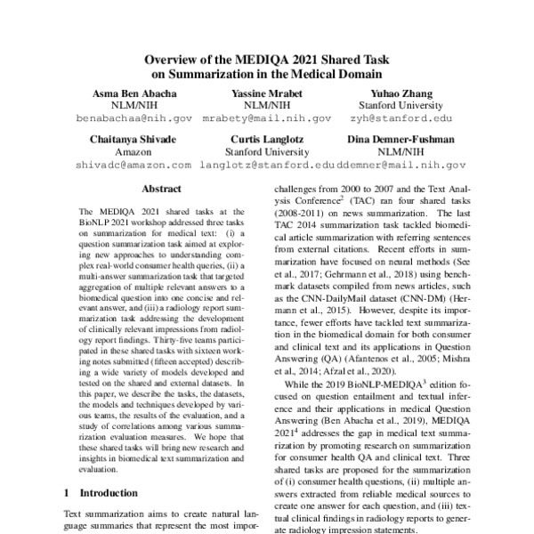 Overview of the MEDIQA 2021 Shared Task on Summarization in the Medical Domain - ACL Anthology