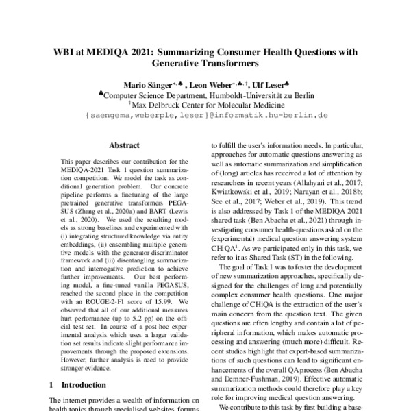 Wbi At Mediqa 2021 Summarizing Consumer Health Questions With Generative Transformers Acl