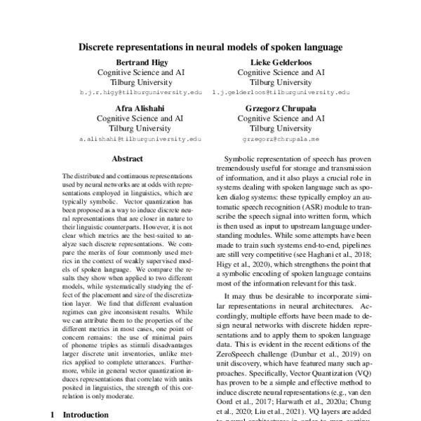 Discrete representations in neural models of spoken language - ACL Anthology