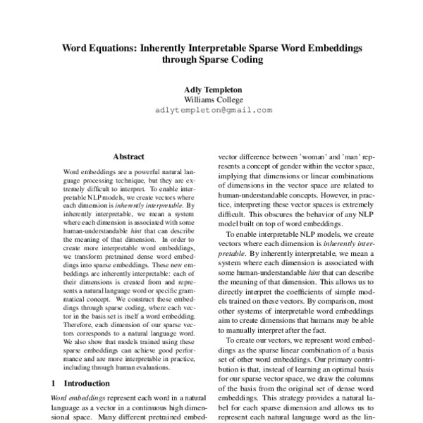 Word Equations: Inherently Interpretable Sparse Word Embeddings through ...
