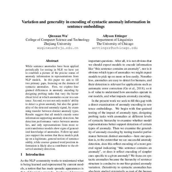 Variation and generality in encoding of syntactic anomaly information in sentence embeddings ...