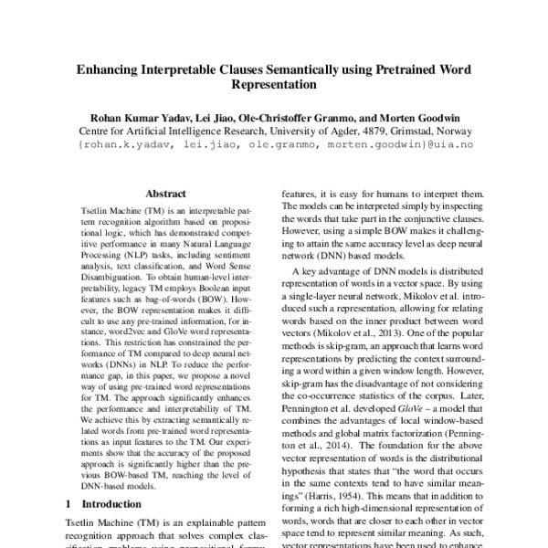 Enhancing Interpretable Clauses Semantically using Pretrained Word Representation - ACL Anthology