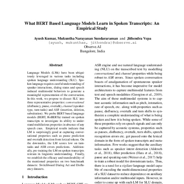 What BERT Based Language Model Learns in Spoken Transcripts: An ...
