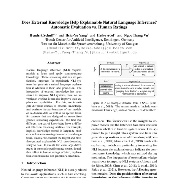 Does External Knowledge Help Explainable Natural Language Inference? Automatic Evaluation vs ...