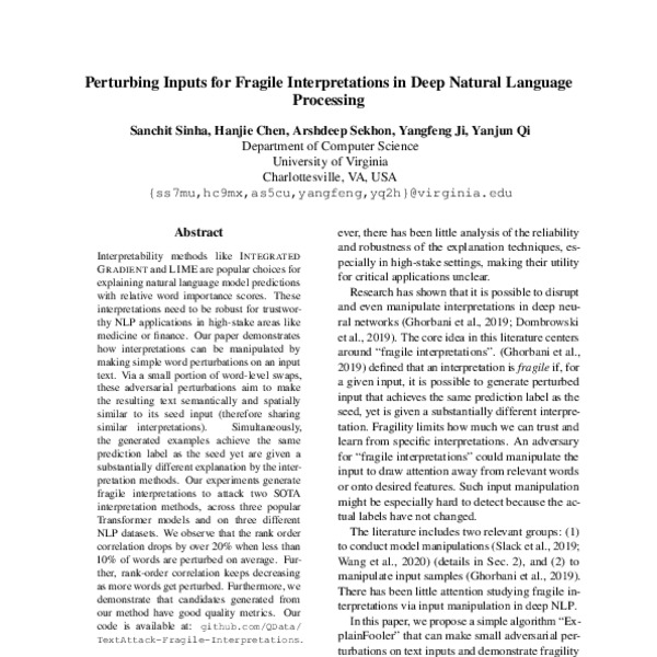 Perturbing Inputs for Fragile Interpretations in Deep Natural Language Processing - ACL Anthology