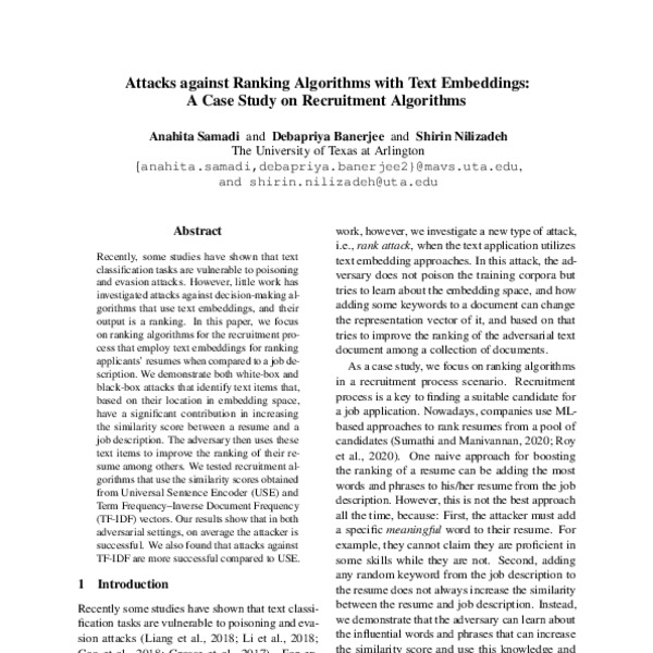 Attacks against Ranking Algorithms with Text Embeddings: A Case Study on Recruitment Algorithms ...