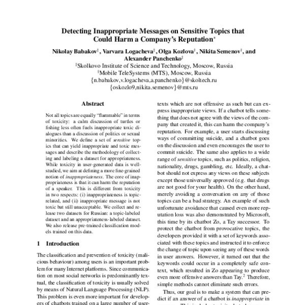 Detecting Inappropriate Messages on Sensitive Topics that Could Harm a ...