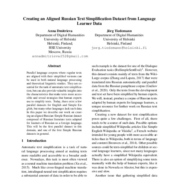 Creating an Aligned Russian Text Simplification Dataset from Language Learner Data - ACL Anthology