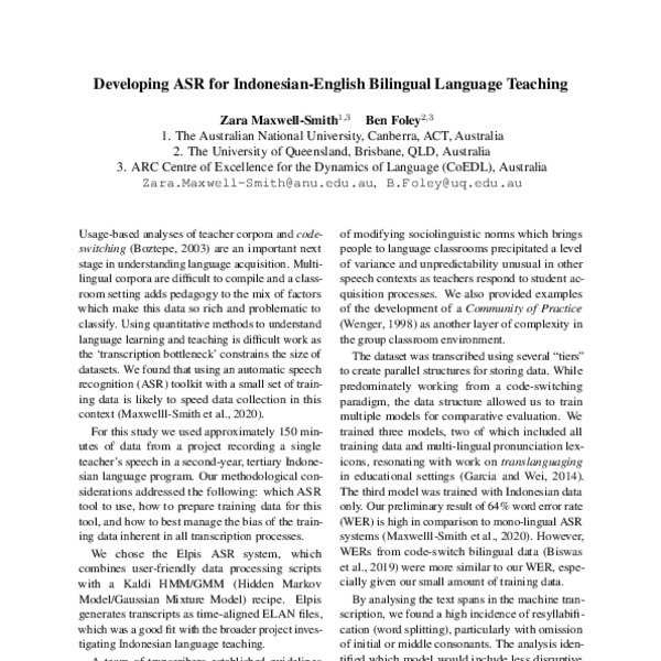 Developing ASR for Indonesian-English Bilingual Language Teaching - ACL ...