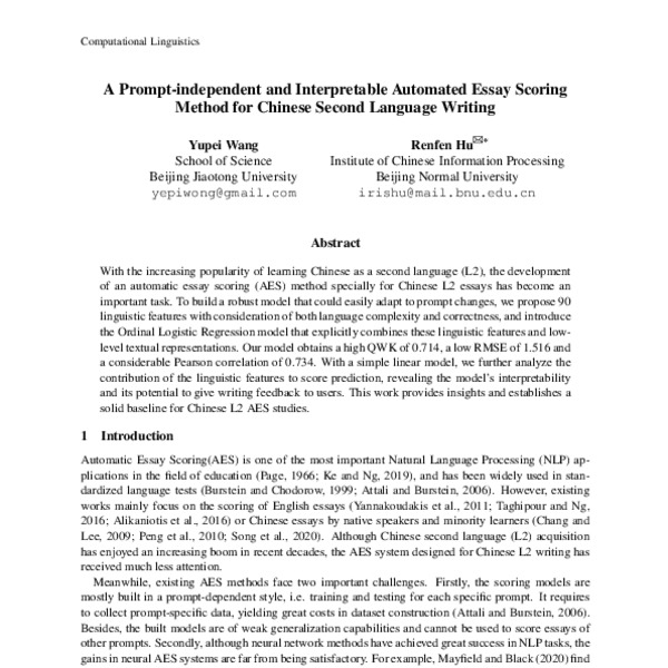 A Prompt-independent and Interpretable Automated Essay Scoring Method for Chinese Second ...