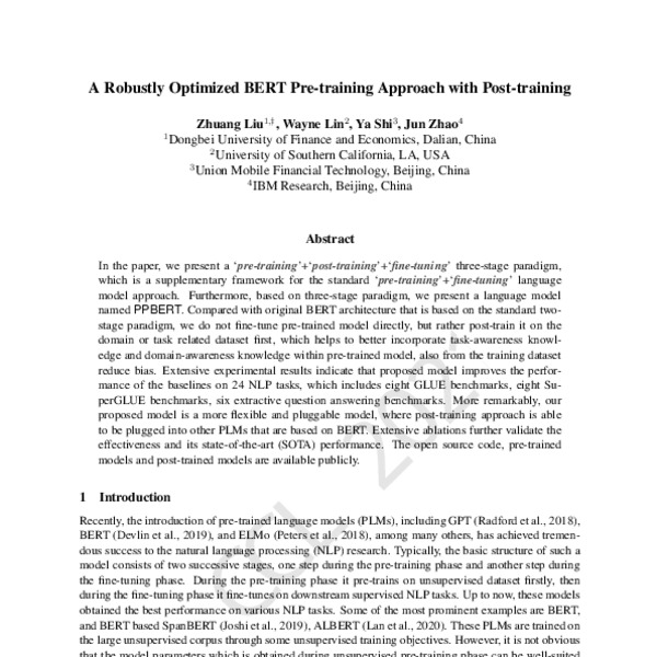 A Robustly Optimized BERT Pre-training Approach with Post-training - ACL Anthology