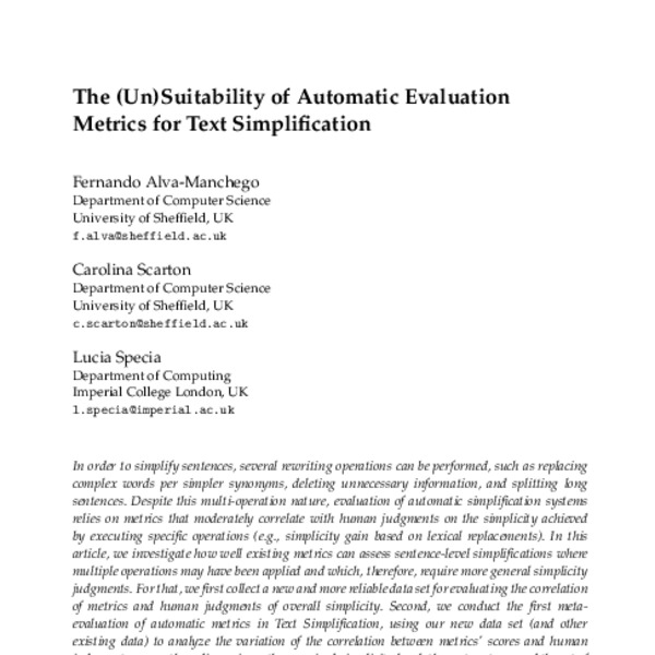 The (Un)Suitability of Automatic Evaluation Metrics for Text Simplification - ACL Anthology