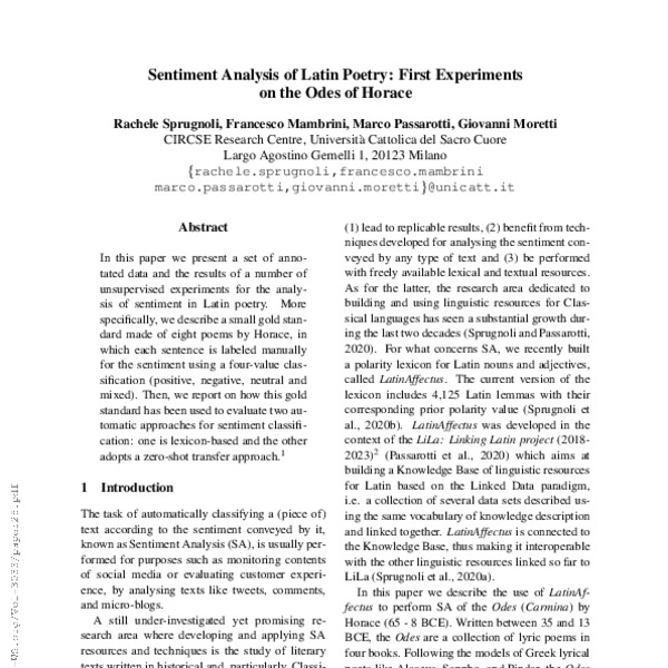 Sentiment Analysis of Latin Poetry: First Experiments on the Odes of ...