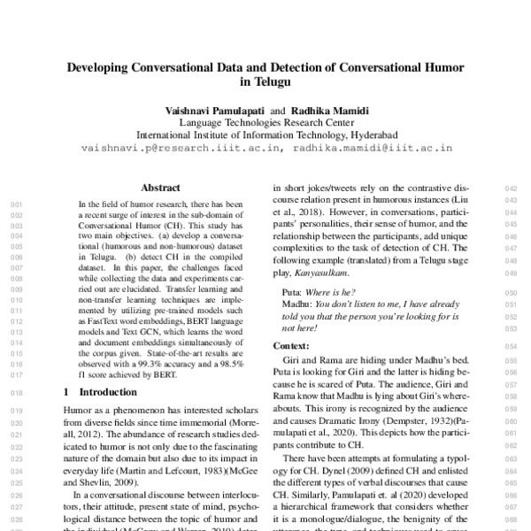 Developing Conversational Data and Detection of Conversational Humor in Telugu - ACL Anthology