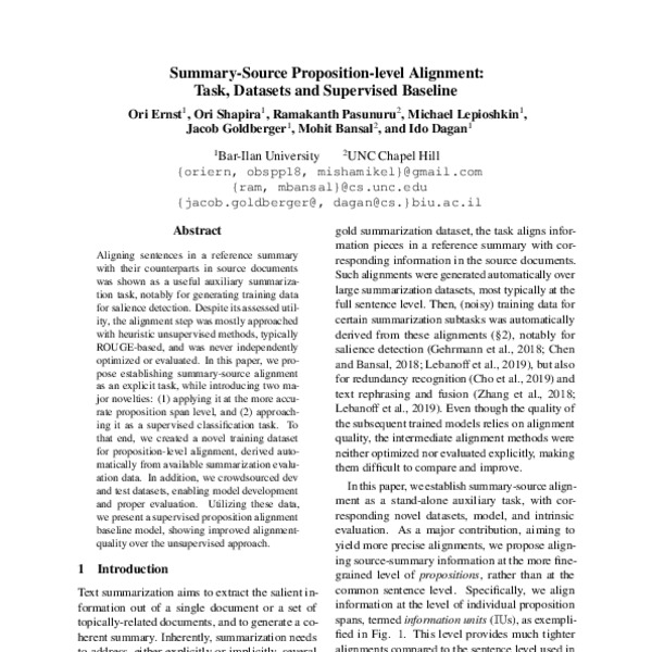 Summary-Source Proposition-level Alignment: Task, Datasets and Supervised Baseline - ACL Anthology