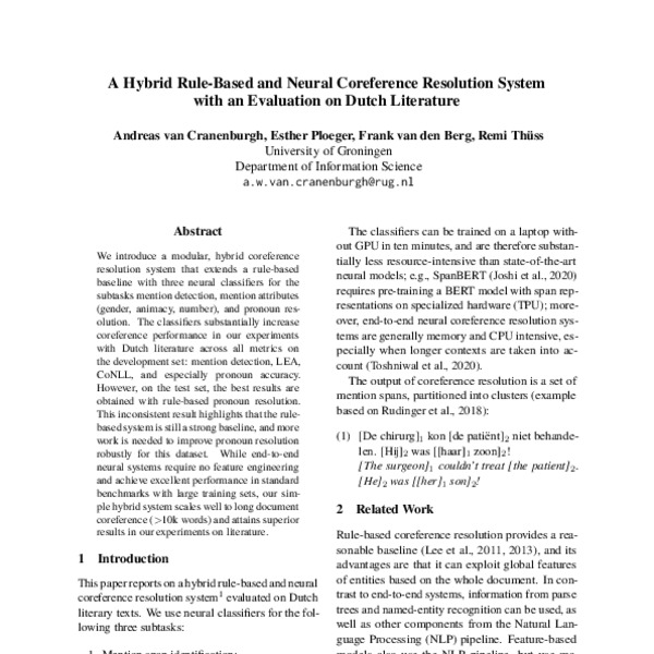 A Hybrid Rule-Based and Neural Coreference Resolution System with an Evaluation on Dutch ...