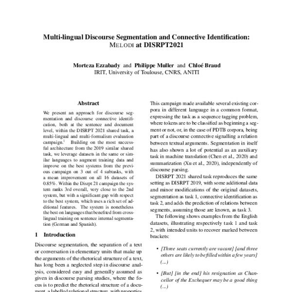 Multi Lingual Discourse Segmentation And Connective Identification Melodi At Disrpt2021 Acl
