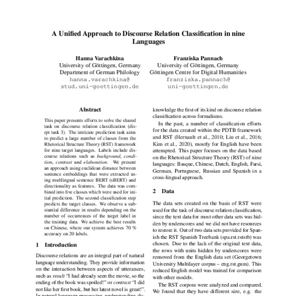 A Unified Approach to Discourse Relation Classification in nine Languages - ACL Anthology