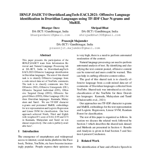 IRNLP_DAIICT@DravidianLangTech-EACL2021:Offensive Language identification in Dravidian Languages ...