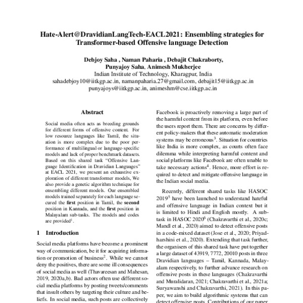 Hate-Alert@DravidianLangTech-EACL2021: Ensembling strategies for Transformer-based Offensive ...