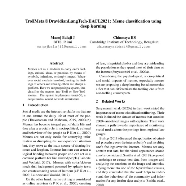 TrollMeta@DravidianLangTech-EACL2021: Meme classification using deep ...