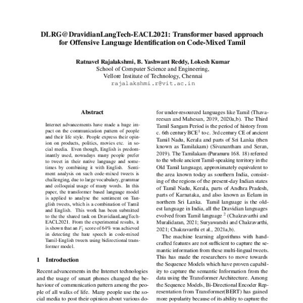 DLRG@DravidianLangTech-EACL2021: Transformer based approachfor Offensive Language Identification ...