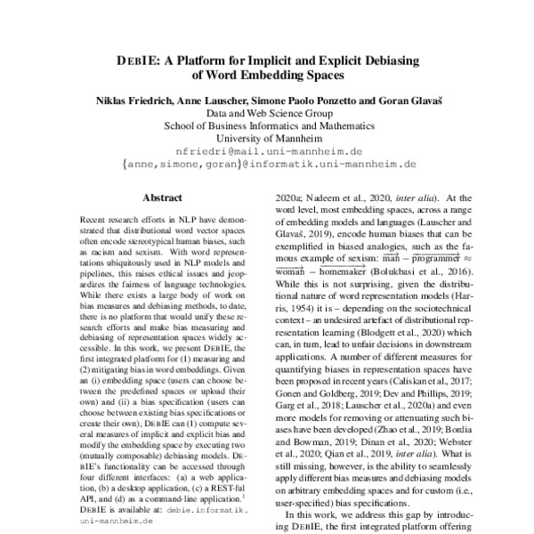 DebIE: A Platform for Implicit and Explicit Debiasing of Word Embedding Spaces - ACL Anthology